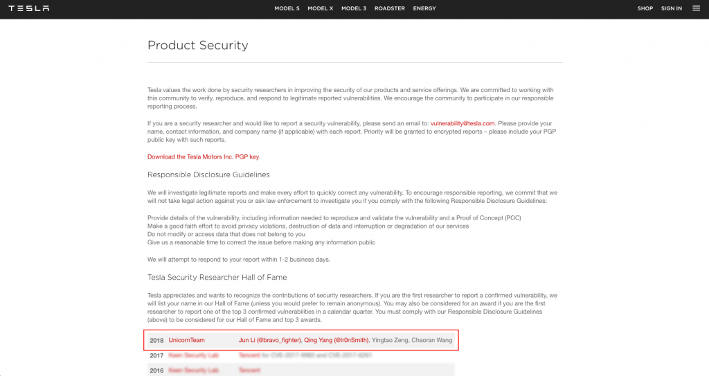 360 the only and first in 2018, in Tesla security researcher Hall of Fame
